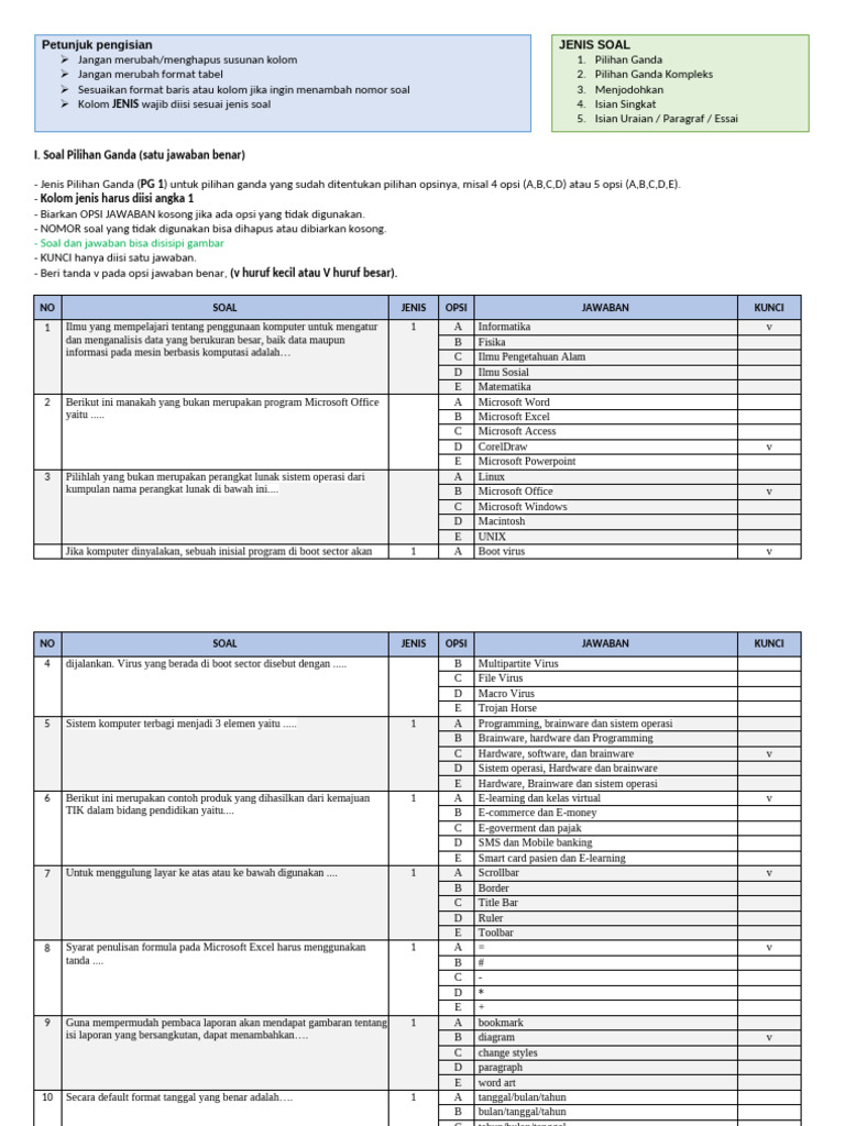 Template Soal Informatika - SAS - INFORMATIKA - X | PDF