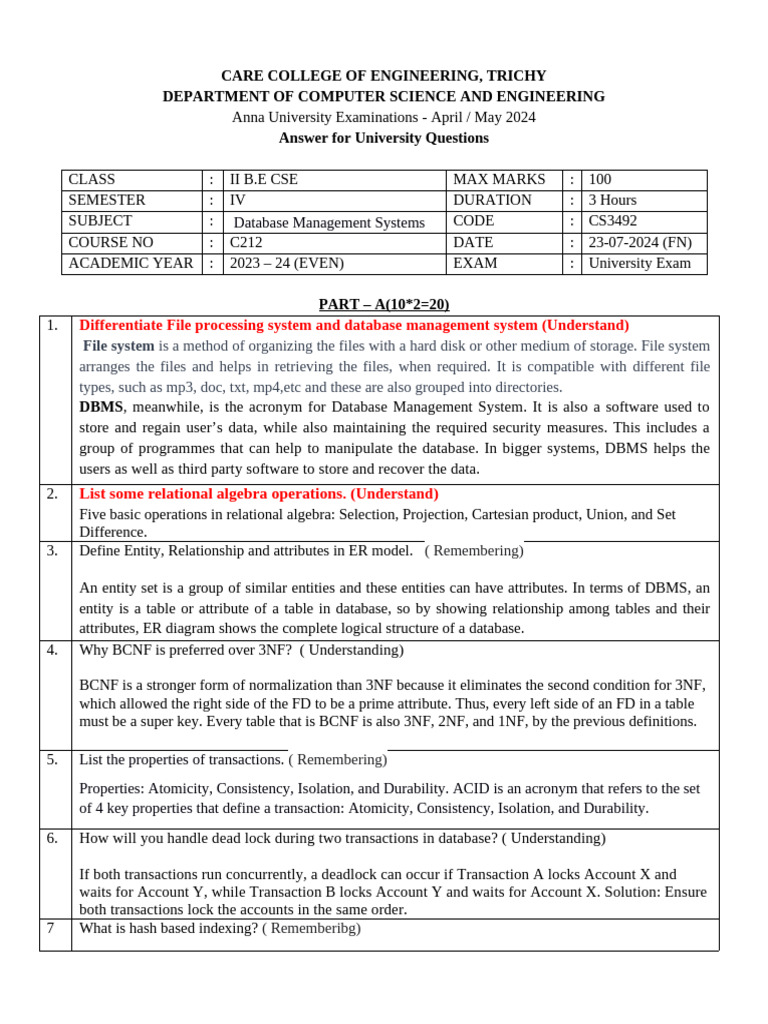 CS3492 DBMS Exam Questions 2024 | PDF | Relational Database | Databases