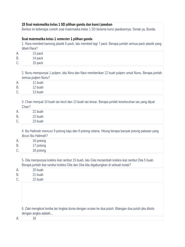 15 Soal Matematika Kelas 1 SD Pilihan Ganda Dan Essasy | PDF