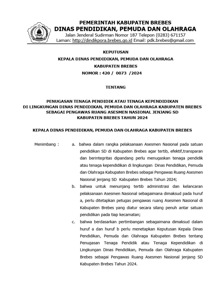 SK Penugasan Pengawas Silang Anbk SD Tahun 2024-1-6 | PDF