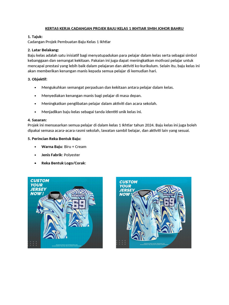 Kertas Kerja Cadangan Projek Baju Kelas 1 Ikhtiar Smih Johor Bahru | PDF
