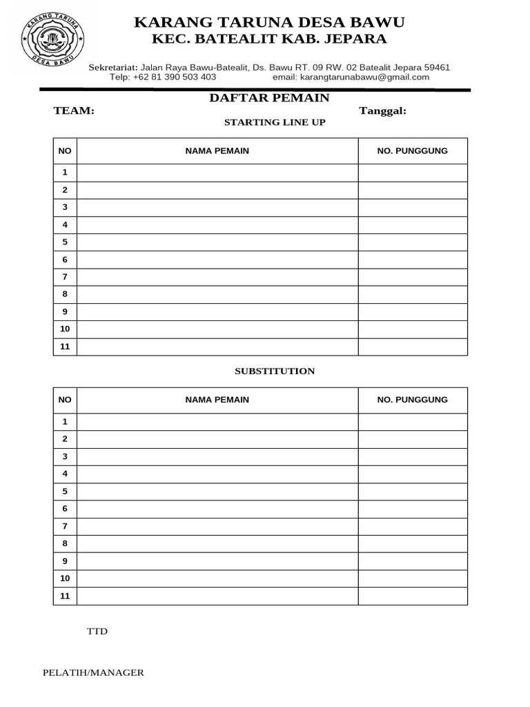Daftar Susunan Pemain Sepak Bola | PDF