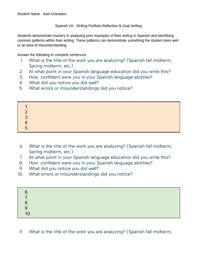 Spanish 2A - Writing Portfolio Reflection & Goal Setting | PDF ...