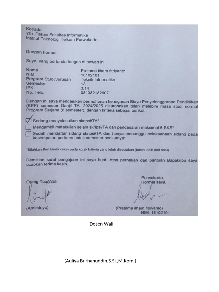 Surat Permohonan Keringanan BPP Overstudy | PDF