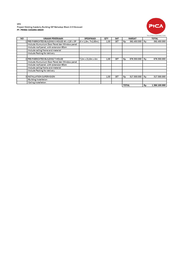 SPH Project Welding Academy Building IGP Bahodopi Block 2-3 Morowali - PT PICA | PDF