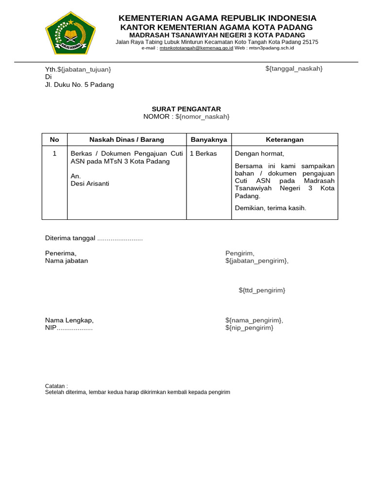 Surat Pengantar Cuti ASN MTsN 3 Padang | PDF