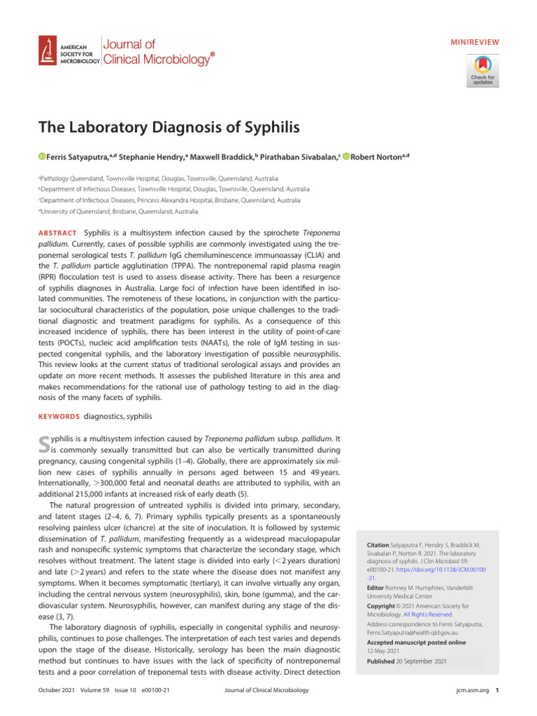 Humphries Et Al 2021 The Laboratory Diagnosis of Syphilis | PDF ...