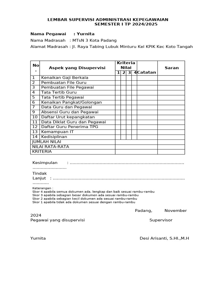 Lembar Supervisi Administrasi Kepegawaian | PDF