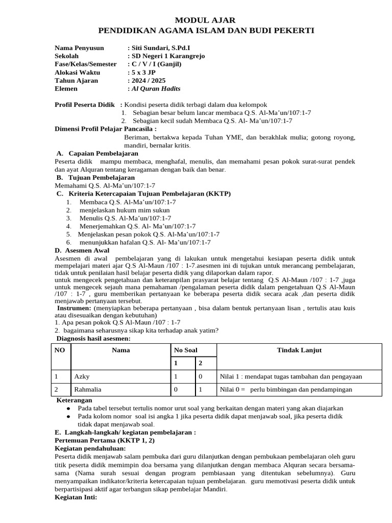 Modul Ajar 1 KLS V Sem 1 Pai | PDF