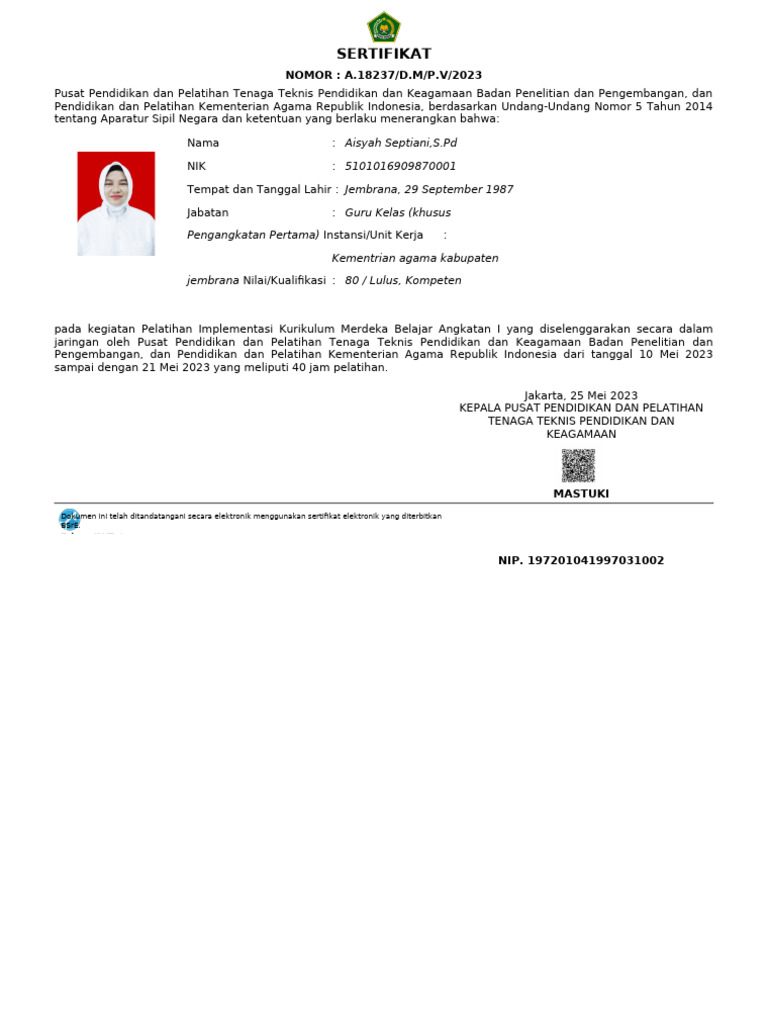 Sertifikat Bu Aisyah | PDF