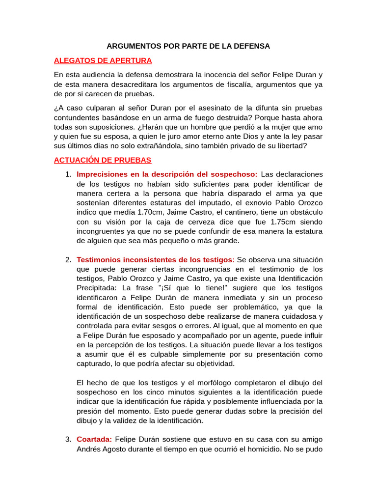 Defensa de Felipe Durán: Argumentos Clave | PDF