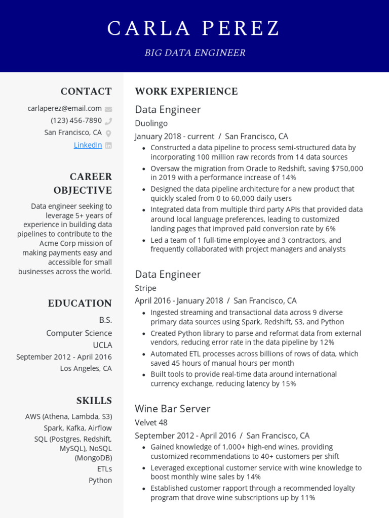 Big Data Engineer Resume Example | PDF | Apache Spark | Computing