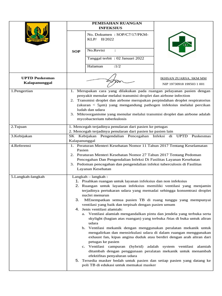 Sop Pemisahan Ruang Infeksius | PDF | Sains & Matematika