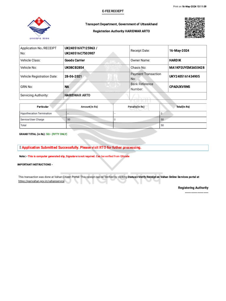 VAHAN 4.0 (Citizen Services) Onlineapp02 150 8001 | PDF | Receipt