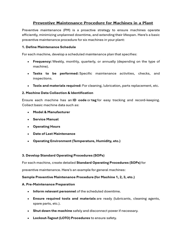 Preventive Maintenance Procedure For Machines in A Plant-2 | PDF ...