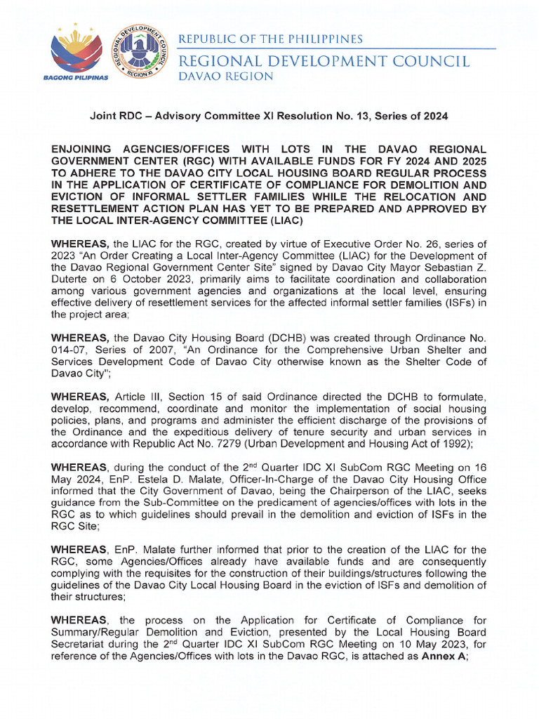 RDC XI Resolution No. 13, s.2024 - Adhere To Regular Process of DC LHB ...