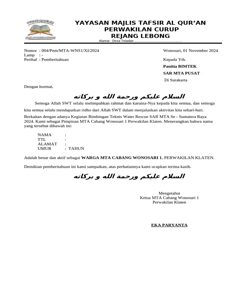 04 Contoh Surat - Keterangan - Warga - Mta - Bimtek Sar Mta 2024 | PDF
