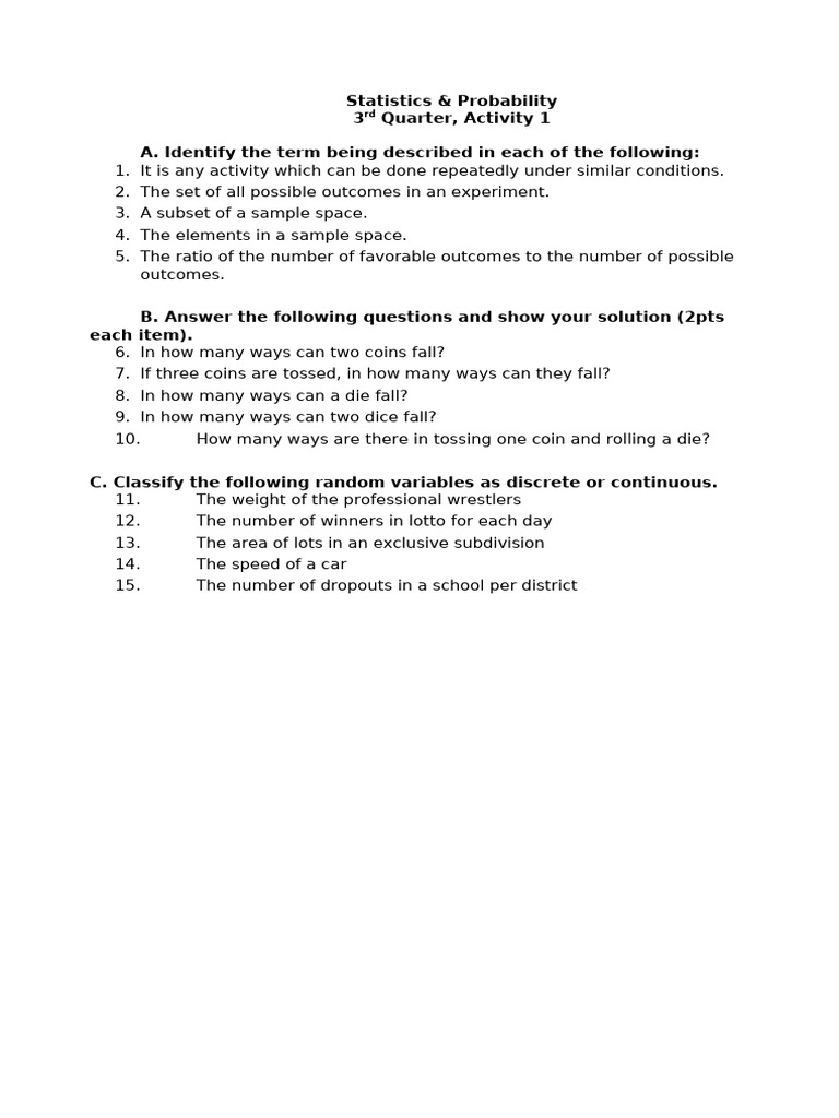 StatProb 3Q Act1 | PDF | Teaching Methods & Materials