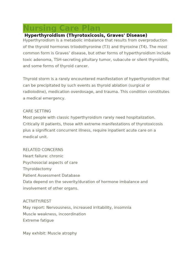 Nursing Care Plan for Hyperthyroidism | PDF | Hyperthyroidism | Thyroid ...