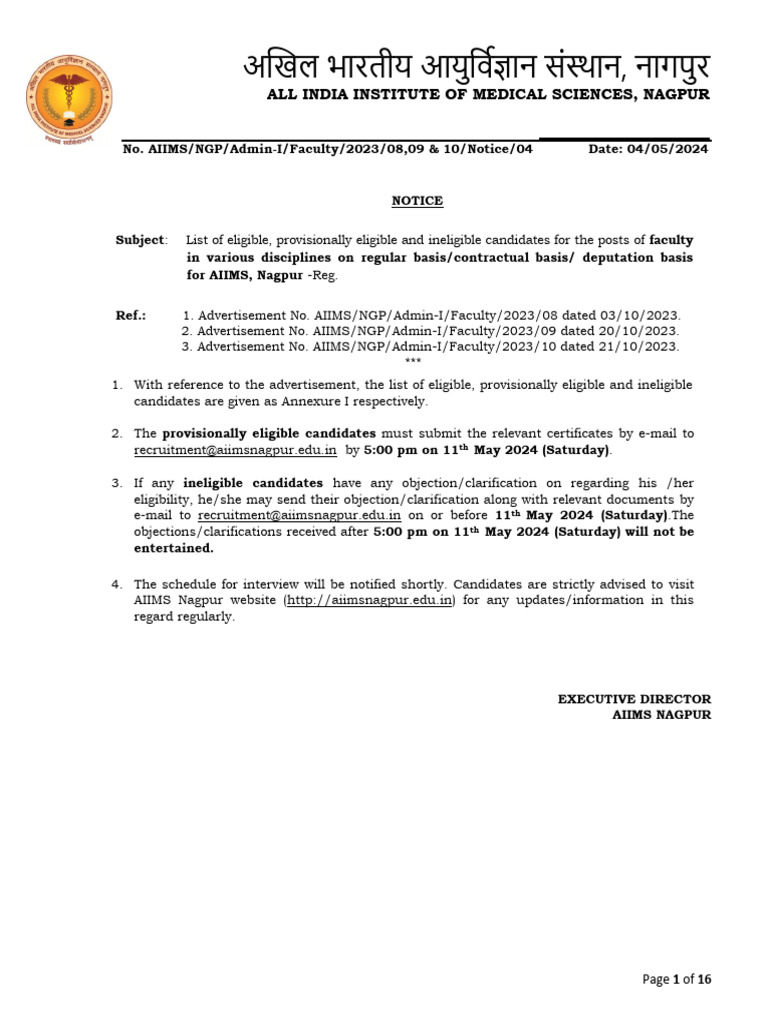 AIIMS Nagpur Notice - List of Eligibility | PDF