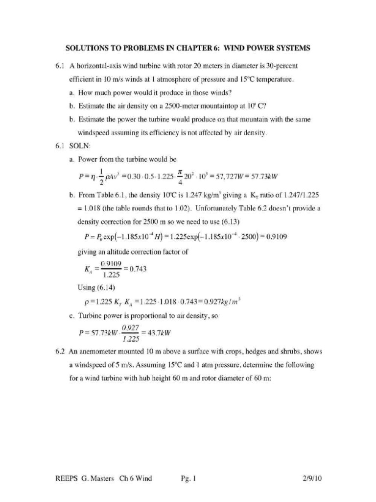 Solutions Problems Wind Power Systems | PDF