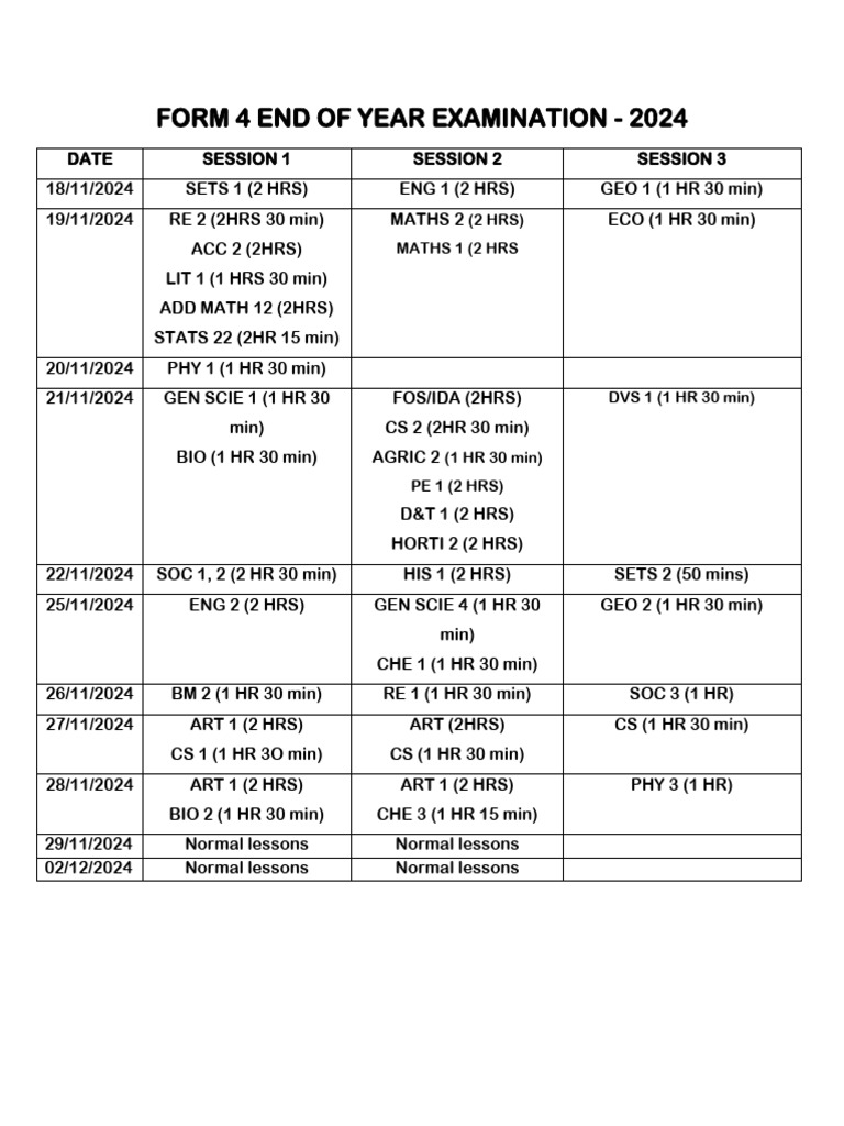 End of Year Form 4 TIMETABLE 2024 | PDF
