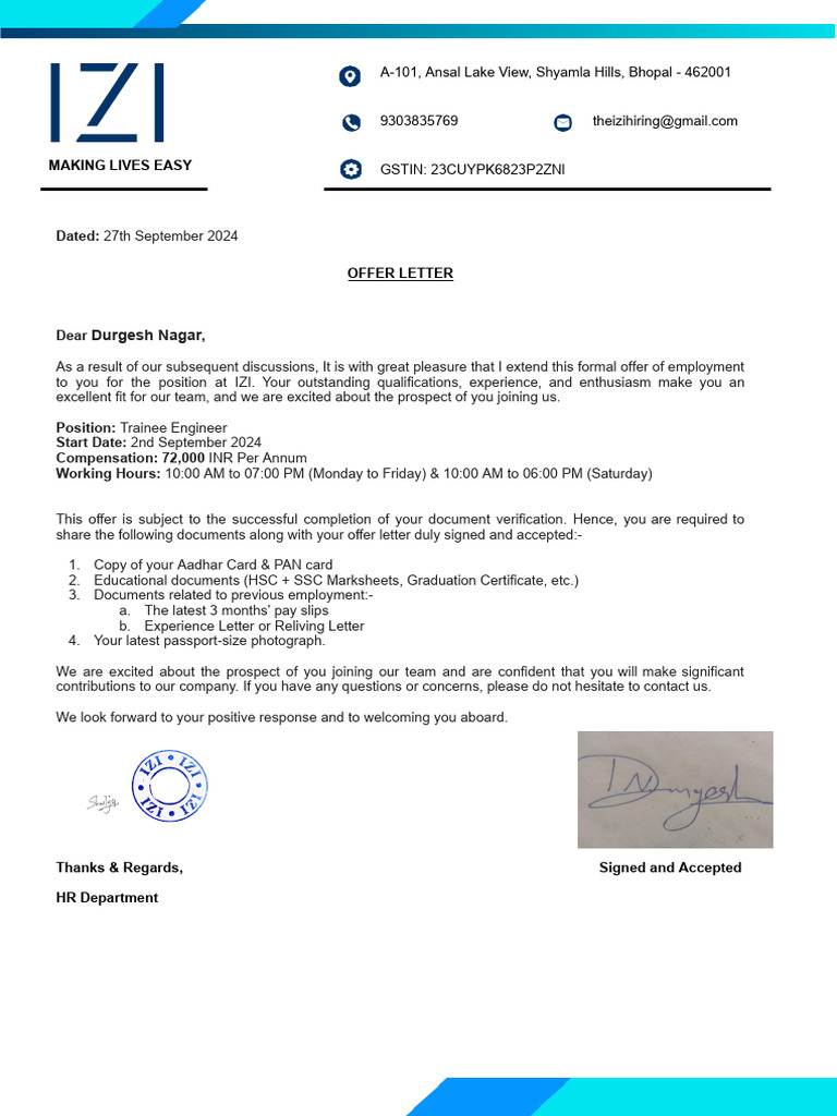 IZI - Offer Letter - Durgesh Nagar - 2024.docx - 1 | PDF