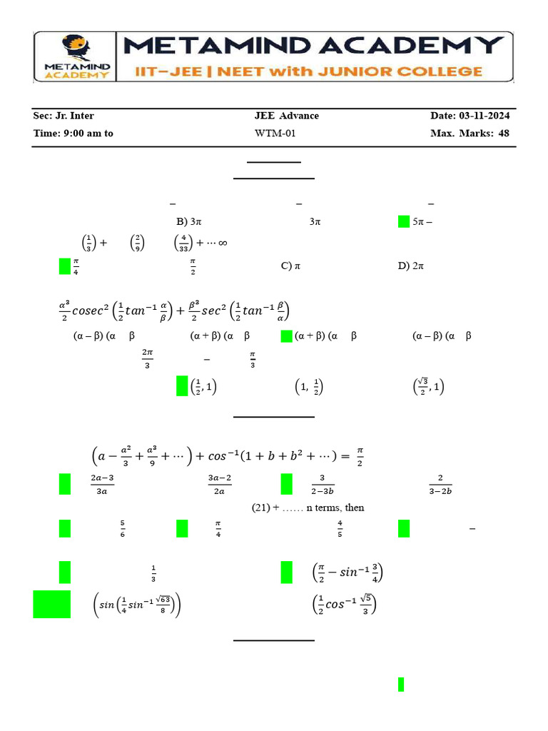Maths Advance Question Paper JR MPC WTM-01 | PDF | Mathematical Objects | Mathematics