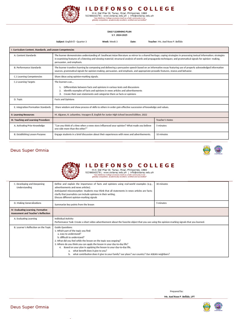 G8-Eng-Q3-W3 | PDF | Learning | Teachers