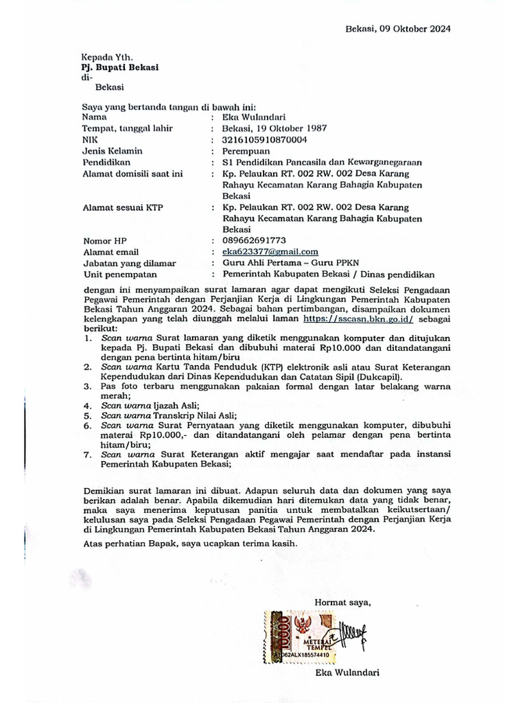 Surat Lamaran Eka | PDF