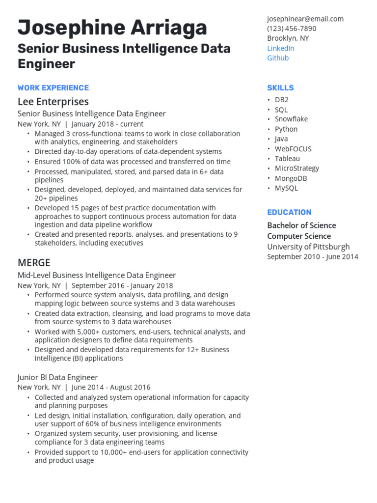 Senior Business Intelligence Data Engineer Resume Example | PDF | Business Intelligence | Ibm Db2