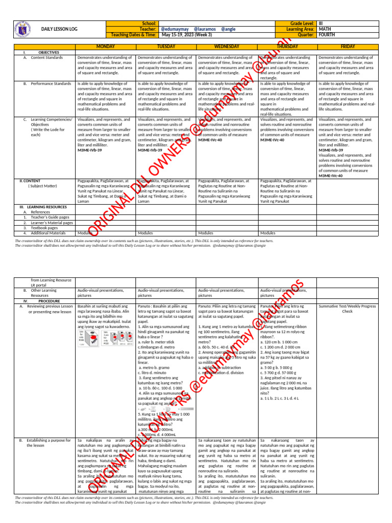 DLL - MATH - 3 - Q4 - W3 - Visualizes, and Represents, and Converts Common Units of Measure and ...