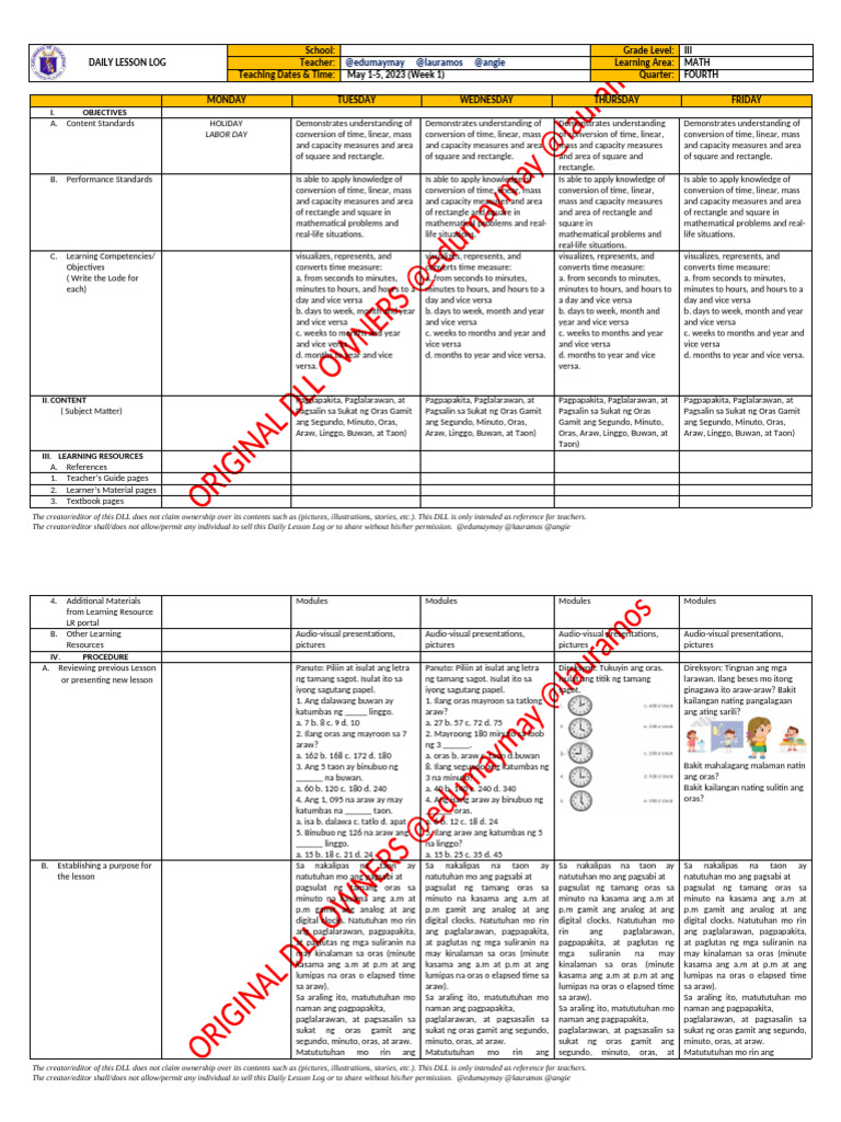 DLL - MATH - 3 - Q4 - W1 - Visualizes, Represents, and Converts Time ...