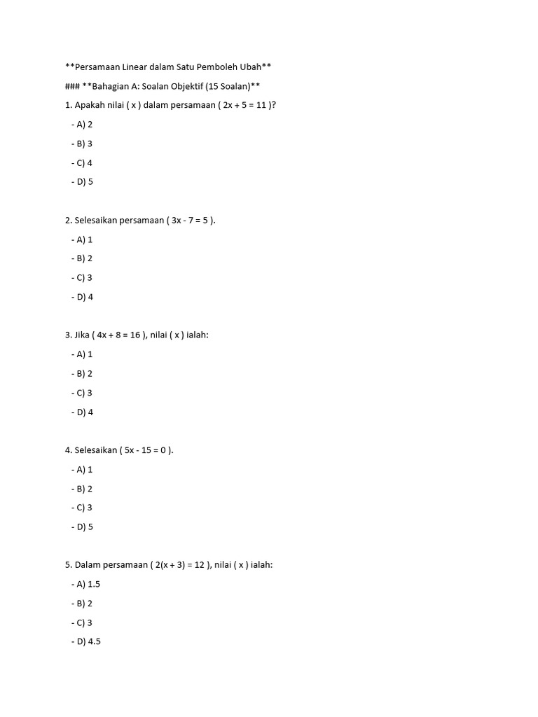 Latihan 6 - Persamaan Linear Dalam Satu Pemboleh Ubah (Ting 1) | PDF