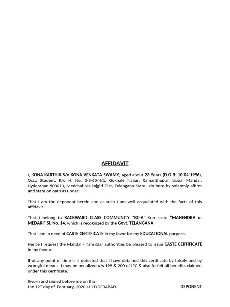 Caste Certificate Medari | PDF