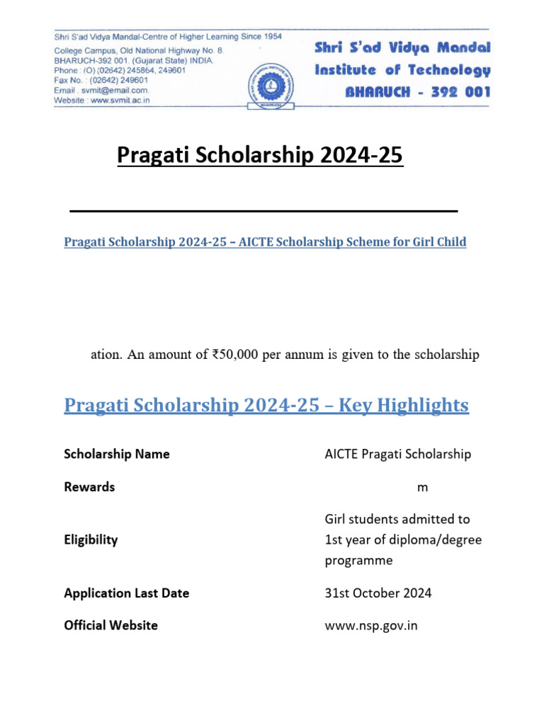 Pragati Scholarship 2024-25: AICTE Scholarship Scheme For Girl Child ...