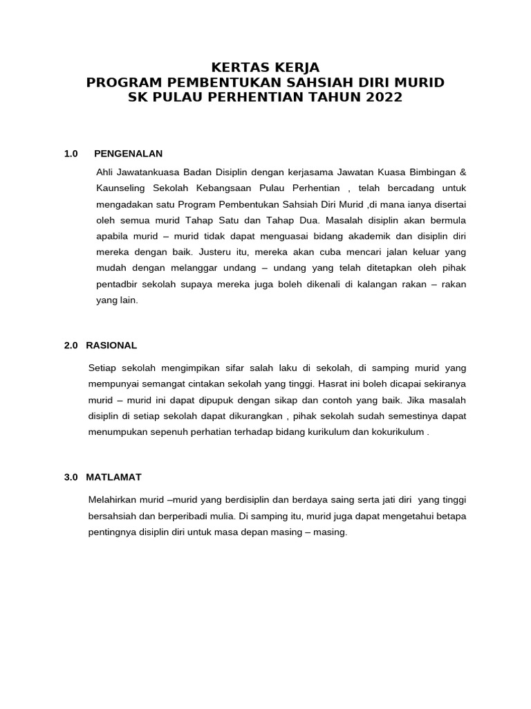 Kertas Kerja Program Pembentukan Sahsiah 2022 | PDF