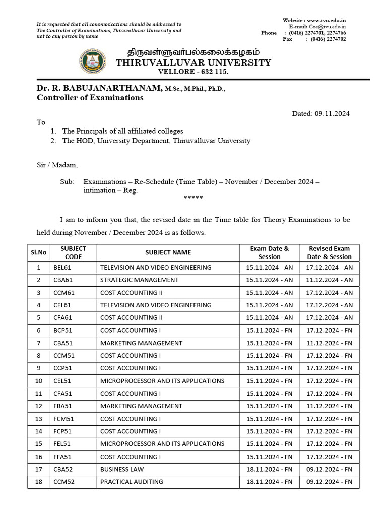 Revised Exam Schedule - November - December 2024 Examinations | PDF ...
