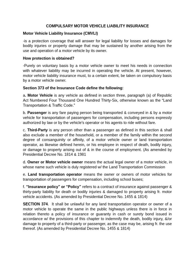 Compulsary Motor Vehicle Liability Insurance | PDF | Liability ...