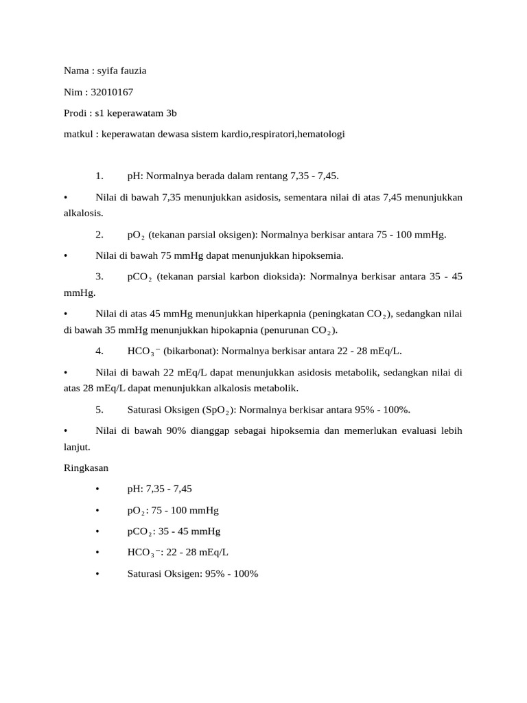 Tugas Individu Nilai Normal Analisa Gas Darah Syifa Fauzia | PDF