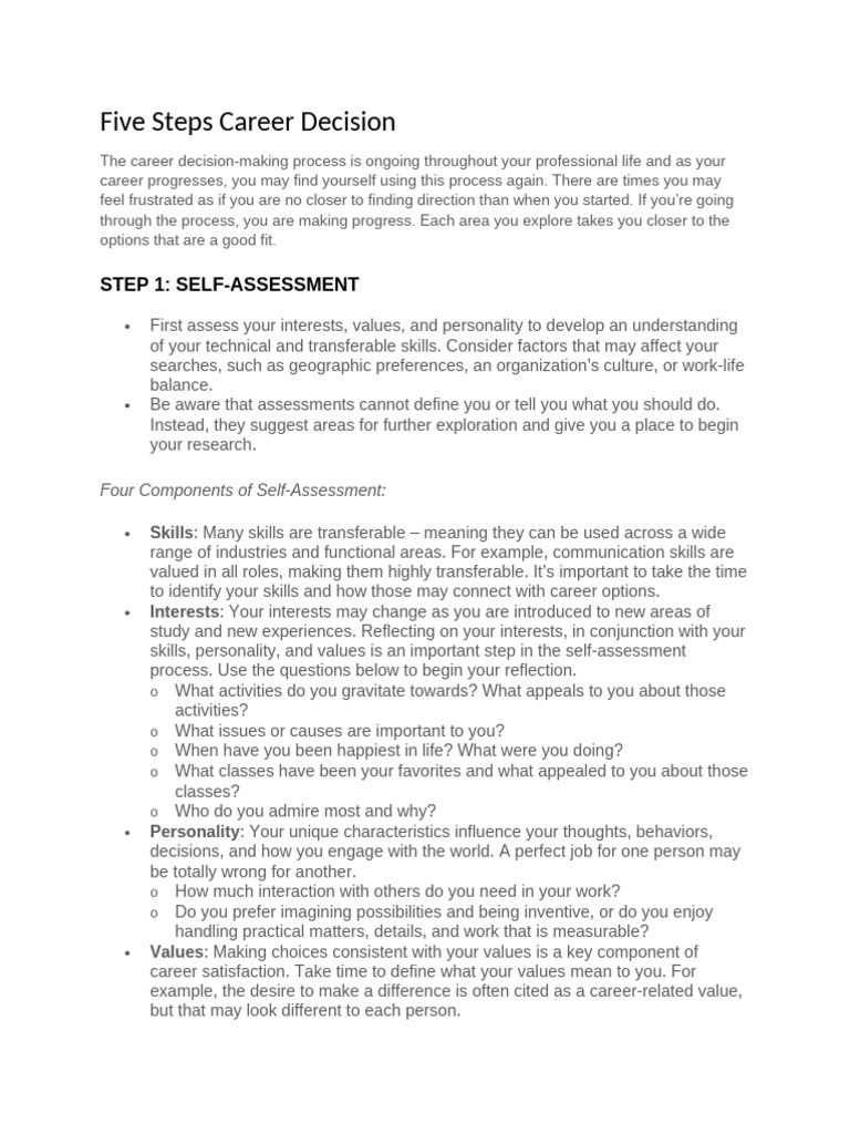 Five Steps to Career Decision-Making | PDF | Experience | Psychology