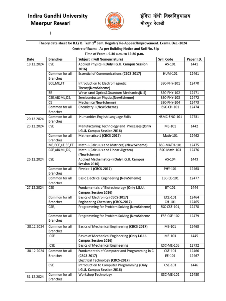 Theory Date Sheet For B.E, B. Tech. Regular, Re-Appear, Impro. 1st Sem ... Theory Date Sheet For B.E, B. Tech. Regular, Re-Appear, Impro. 1st Sem ...