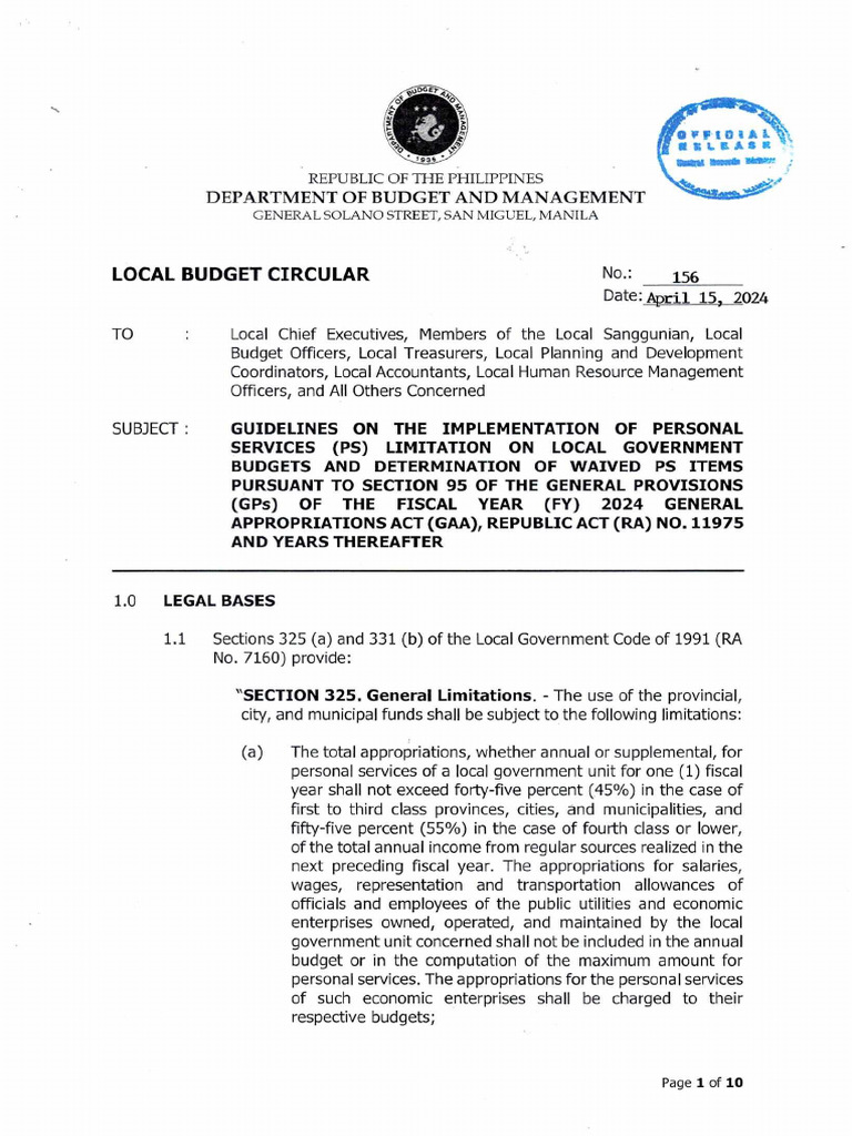 Local Budget Circular No 156 | PDF | Salary | Employment