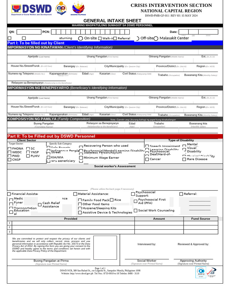 DSWD General Intake Sheet Form | PDF | Disability | Psychosocial