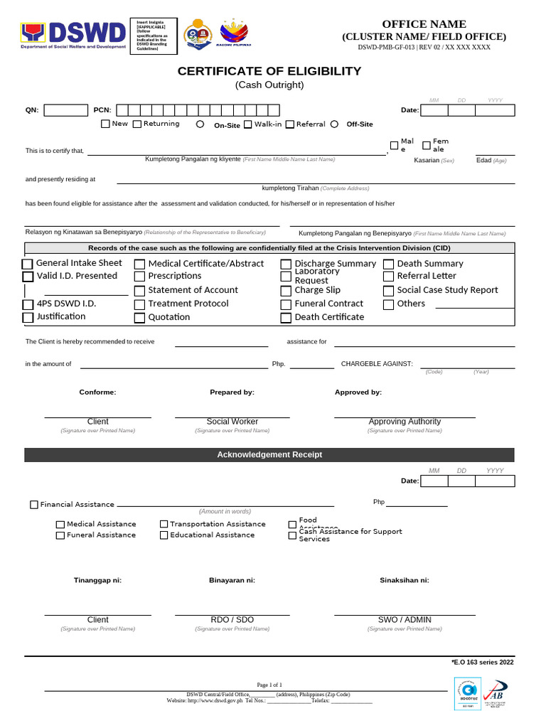 DSWD Certificate of Eligibility Form | PDF