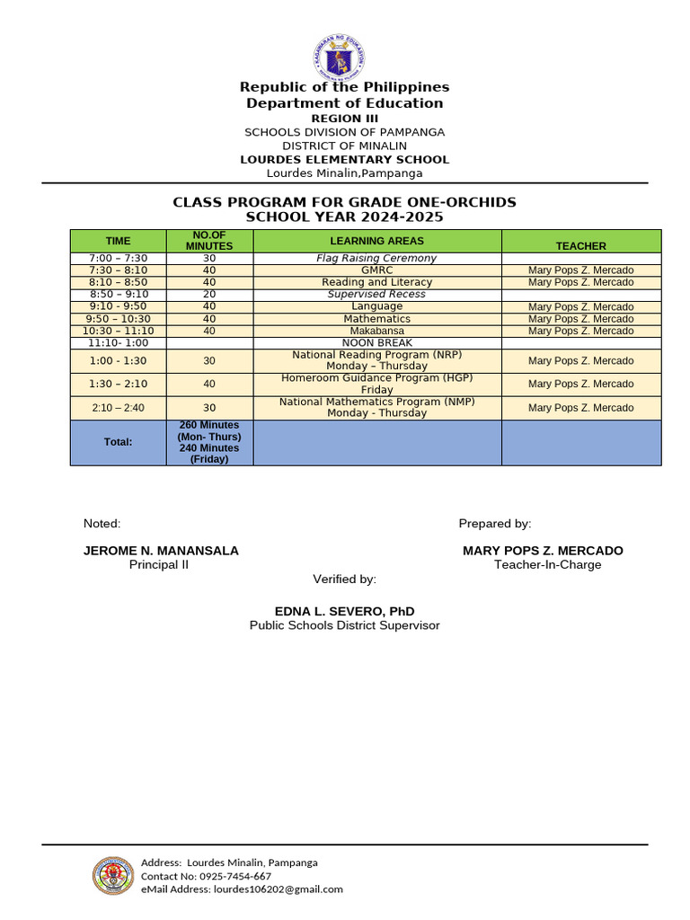 GRADE 1 Class Program 2024 2025 FINAL MATATAG | PDF | Schools ...