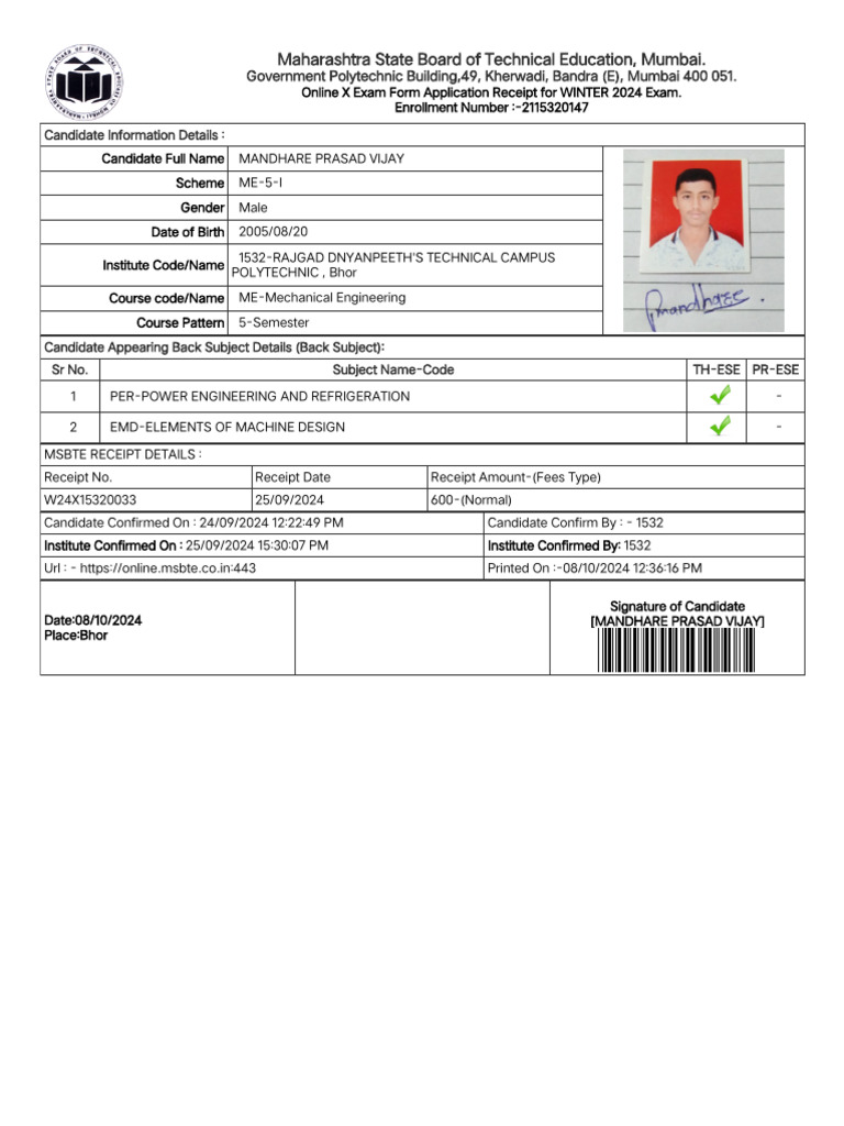 MSBTE Winter 2024 Exam Form Receipt | PDF