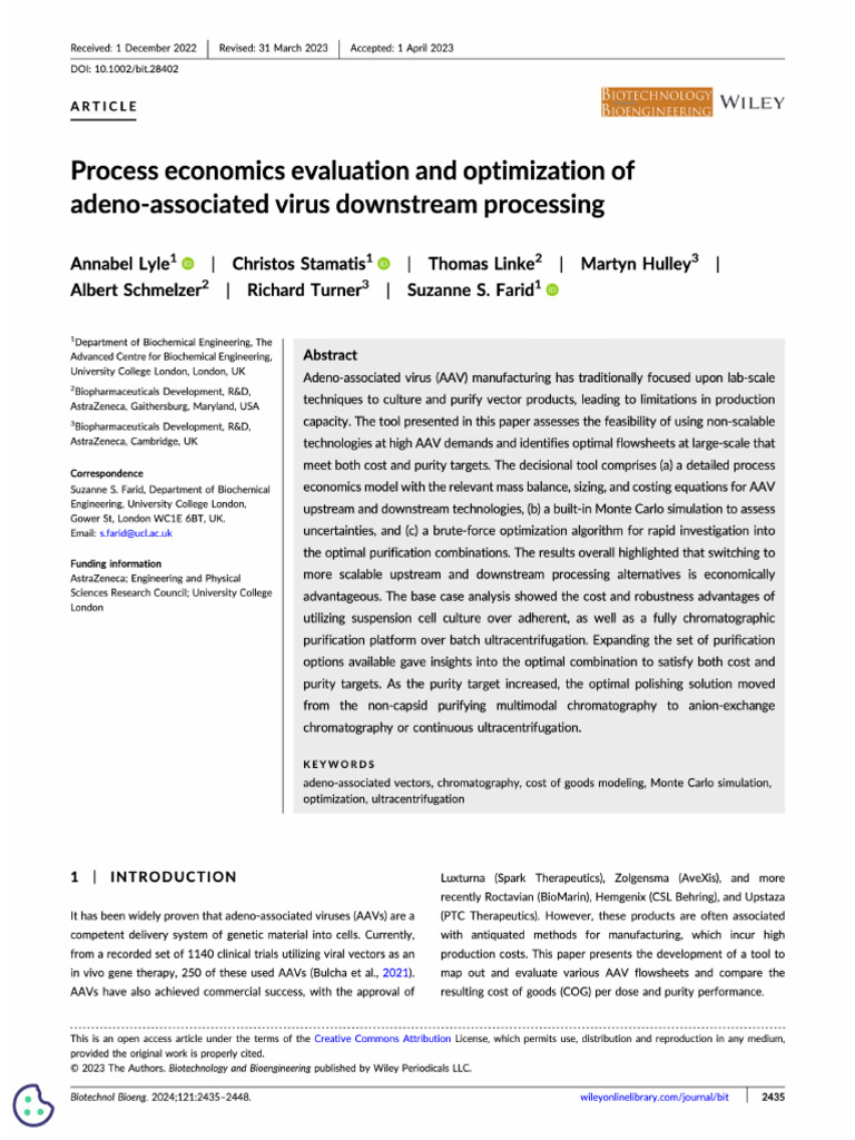 Process Economics Evaluation and Optimization of Adeno Associated Virus ...
