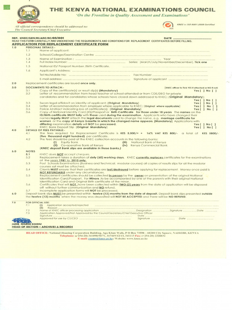 Application - Certificate - Replacement - KNEC c08001 | PDF