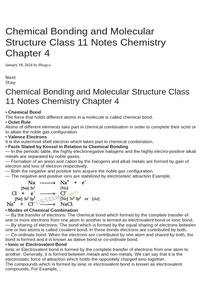 Chemical Bonding and Molecular Structure Class 11 Notes Chemistry ...